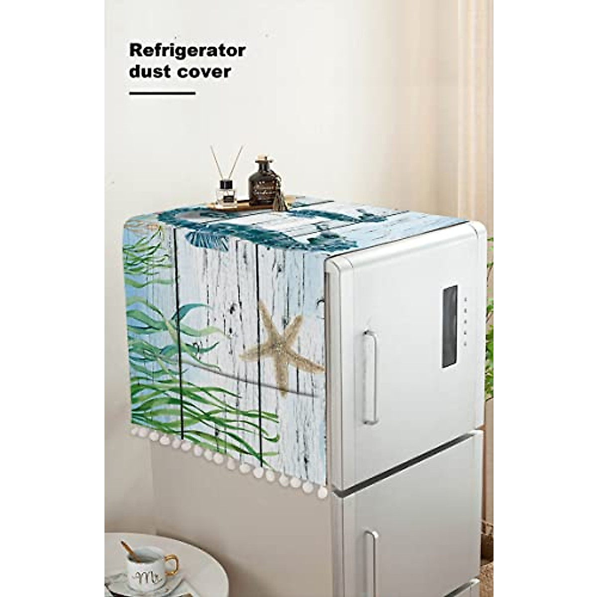 Washer Dryer Top Covers Hippocampus Ocean Life Fridge Dust Proof Cover Tablecloth Non Slip Nautical Compass Decorative Kitchen Appliance Protector with Side Storage Pockets 28x67inch