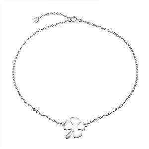 Four Leaf Shamrock Flower Anklet Lucky Charm Clover Ankle Bracelet For Women Teens Curb Link .925 Sterling Silver 9 To 10 Inch With Extender Adjustable