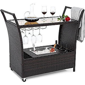Seogwisam Outdoor Rolling Wicker Bar Cart,Rattan Serving Cart with Removable Ice Bucket,Glass Countertop,Goblet Wine Glass Holders and Storage Compartments, Wicker Bar Cart for Pool, Party, Backyard