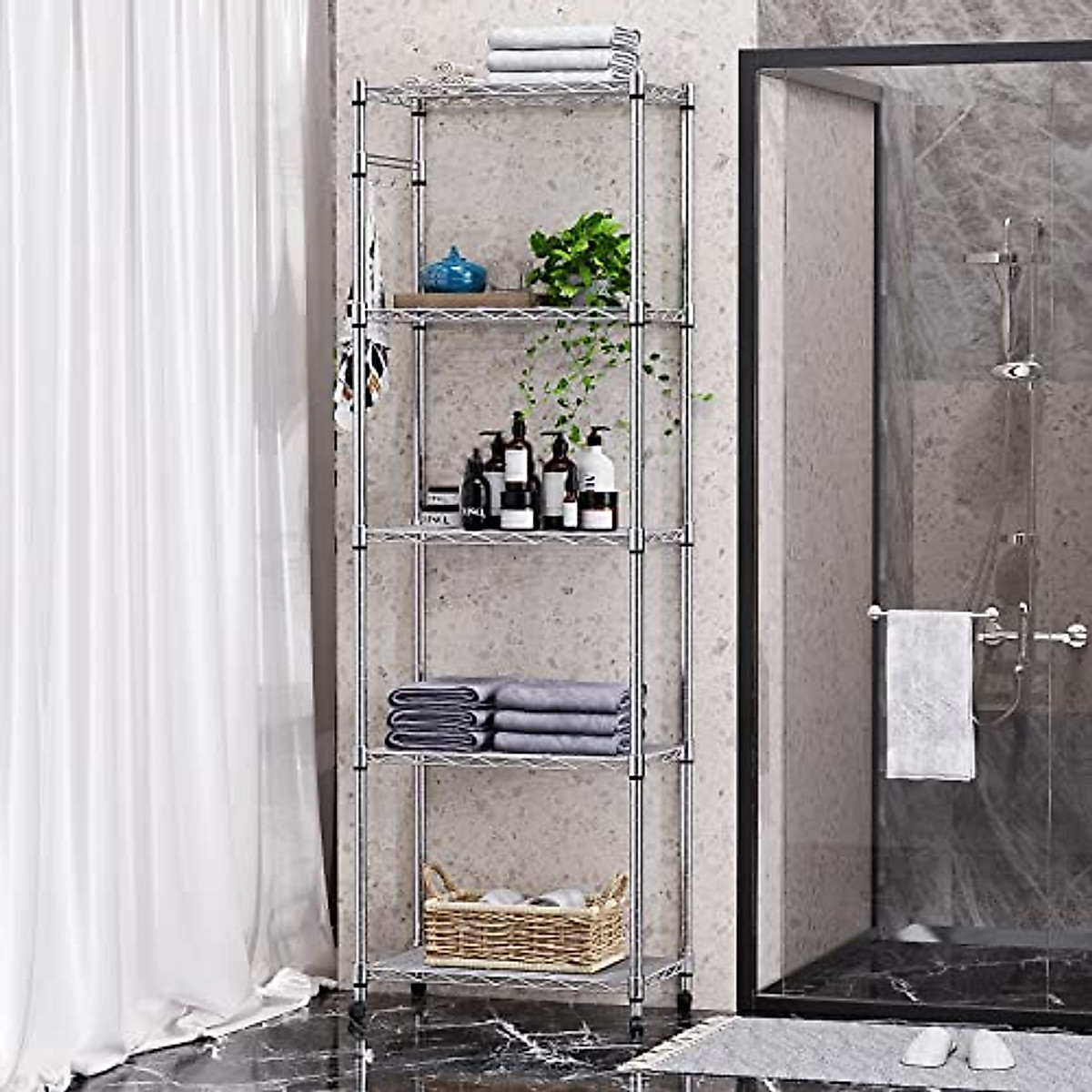BATHWA 5-Tier Wire Shelving Unit on Wheels, Heavy Duty Rolling Shelving Rack, Chrome Shelves for Bathroom, Kitchen, Living Room