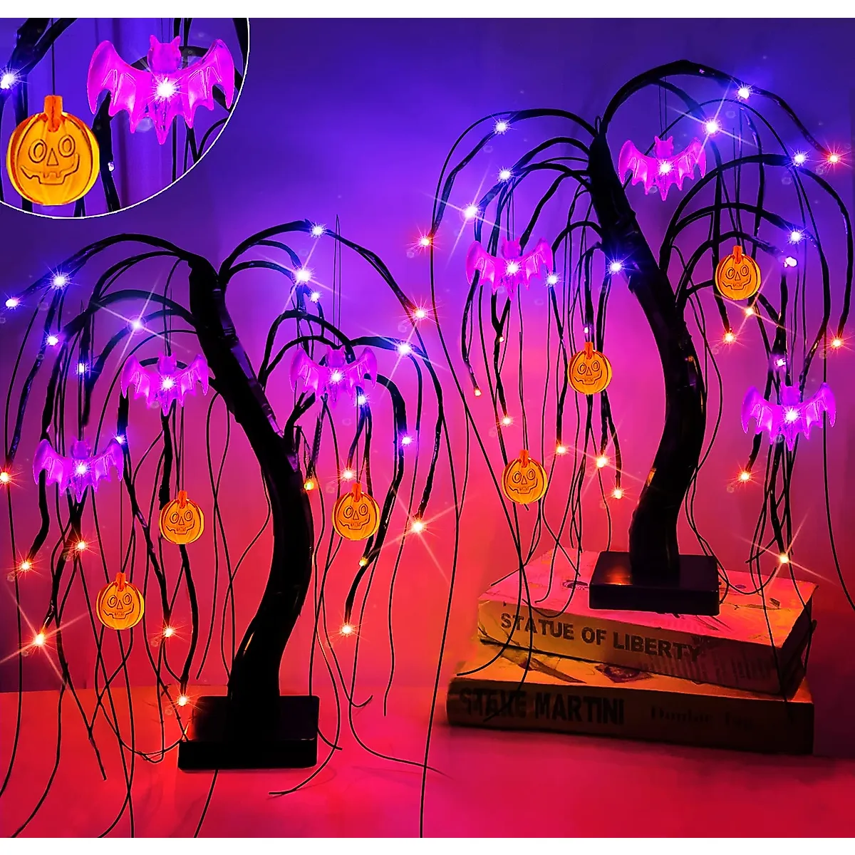 [ Orange & Purple ] 2 Pack Halloween Spooky Tree Decor with Timer 48 LED Lighted DIY 6 Pumpkins & 6 Bats 18 Inch Battery Operated Tabletop Artificial Black Tree Halloween Decor for Indoor Home Holiday