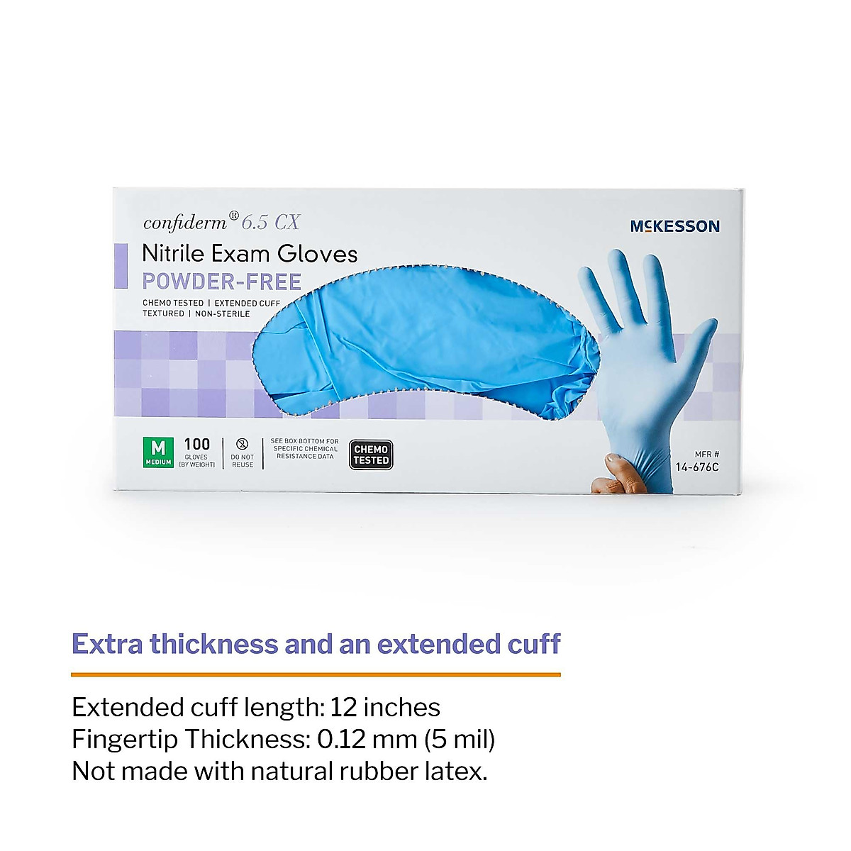 McKesson Confiderm 6.5CX Nitrile Exam Gloves - Powder-Free, Latex-Free, Ambidextrous, Texture, Chemo Tested, Light Blue, Extended Cuff, Size Medium, 100 Count, 10 Boxes, 1000 Total