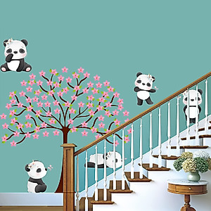 Panda Cherry Blossom Tree Wall Decal Baby Animals Nursery Wall Stickers Art Panda Kids Room Wall Decor