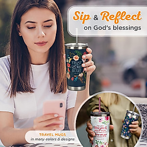 Christian Art Gifts Reusable Stainless Travel Mug Tumbler w/Straw for Women: Trust in the Lord Bible Verse, Double Wall Vacuum Insulated, Pop-up Lid, Hot/Cold, Cute Navy Blue Multicolor Floral, 18 oz.