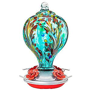 LaElvish Garden Gifts for Mom Mothers Day, Hummingbird Feeders for Outdoors Hanging, 32OZ Glass Hummingbird Feeder with Ant Moat, Patio Yard Porch Decor (Teal Blue)