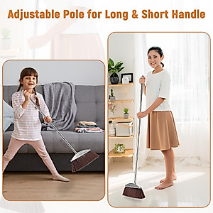 VOOWO Broom with Dustpan Combo Set, 46" Stainless Steel Broom and Dustpan Set for Home, Heavy Duty Dust Pan with Long Handle, Broom for Sweeping Indoor and Outdoor, Kitchen Broom and Dust Pan (Brown)