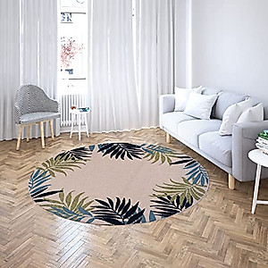 GAD Premium Indoor/Outdoor Patio Tropical Area Rug - Beige, Tan & Green Leaf Rug - Inside/Outside Stain & Fade Resistant Rug for The Porch, High Traffic Deck or Lanai (6'7" Round)
