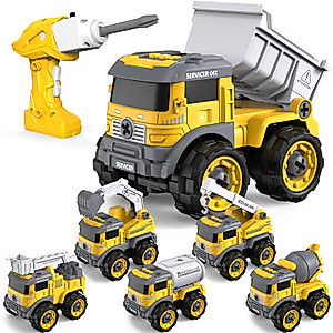 Take Apart Toys with Electric Drill with Remote Control Function 6 in 1 Take Apart Construction Toys Trucks Toy Drills, Gift Toys for 3,4,5,6,7, 8 Year Old Boys Girls Kids