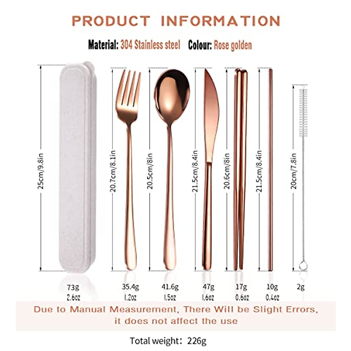 AARAINBOW 6 Pieces 18/8 Stainless Steel Flatware Set Portable Reusable Cutlery Set Travel Utensils Set Including Chopsticks Knife Fork Spoon Straws Cleaning Brush Dishwasher Safe (Rose Gold)