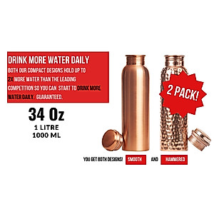 Otiem Copper Water Bottle 2 Pack I Copper Bottle Bundle I 1 Sleek Copper Water Bottle for Drinking plus 1 Hammered Copper Water Bottle Ayurvedic I Extra Large 32oz Copper Vessel for Drinking Water