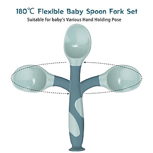 Qshare Baby Utensils Spoons with Travel Safe Case, Toddlers Feeding Training Spoon with Easy Grip and Bendable Function, Perfect Self Feeding Learning Spoons (SuctionBlue/Pink)