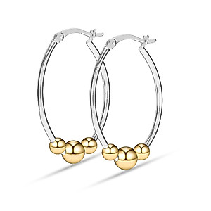 LeCalla 925 Sterling Silver Hoop Earrings Lightweight Oval 14K Gold-Plated Two-Tone Earring Hoops Jewelry Bead Ball Hoops Earring for Women
