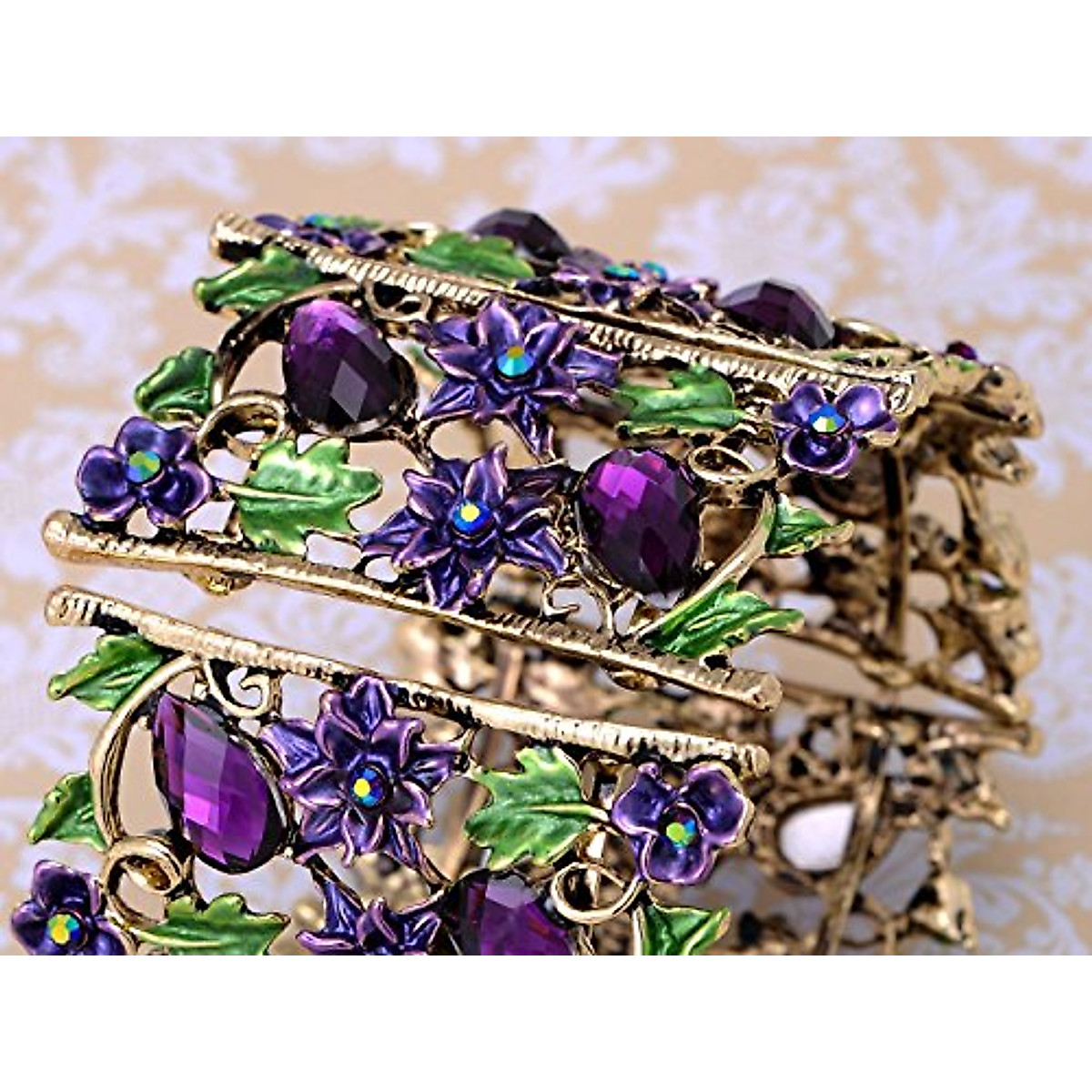Alilang Antique Hollow Vintage Floral Topaz Crystal Rhinestone Flower Garden Bracelet Bangle Cuff, Purple Amethyst Flowers