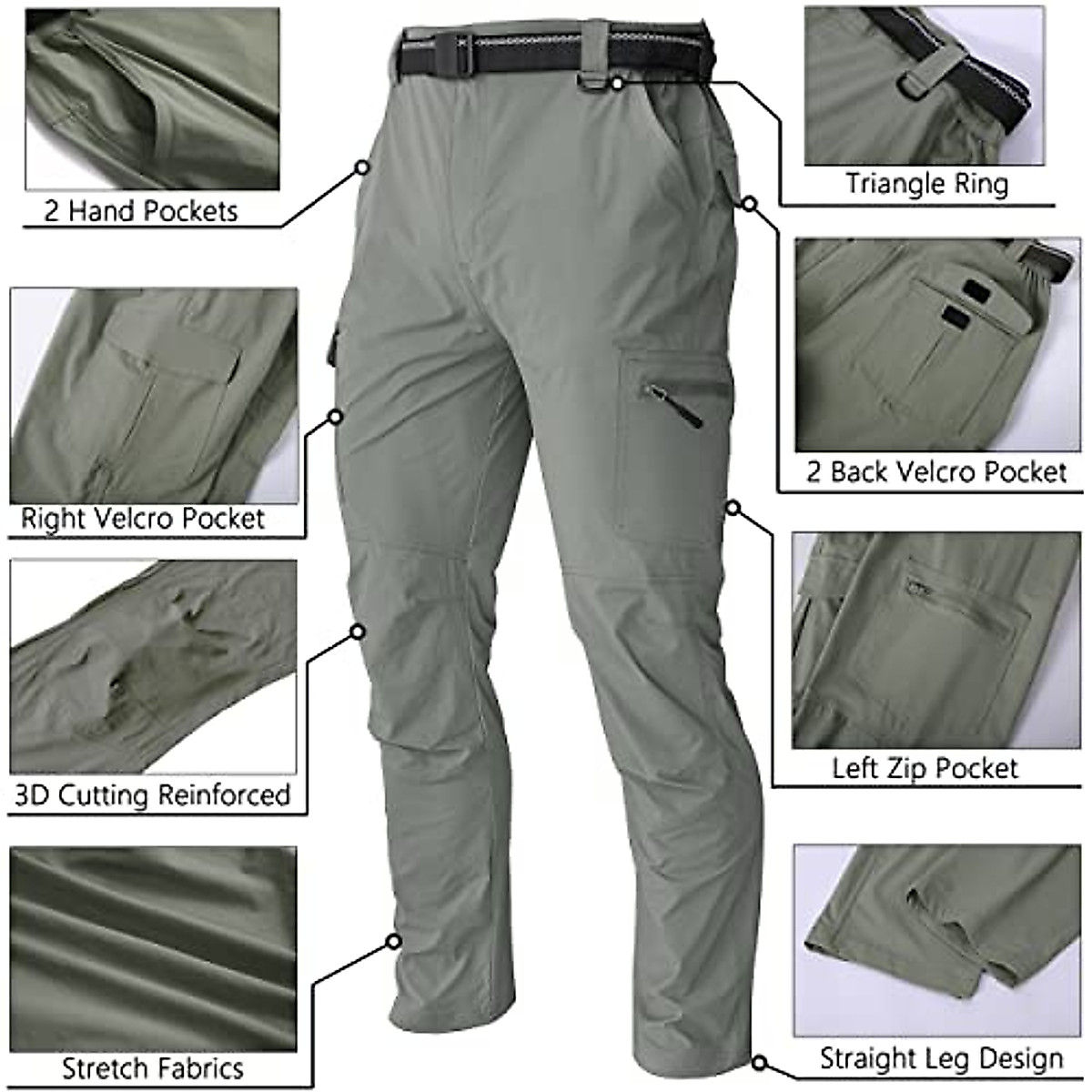 WENRONSTA Men's Hiking Work Cargo Pants Quick-Dry Lightweight Waterproof 6 Pockets Outdoor Mountain Fishing Camping Pants Sage Green M