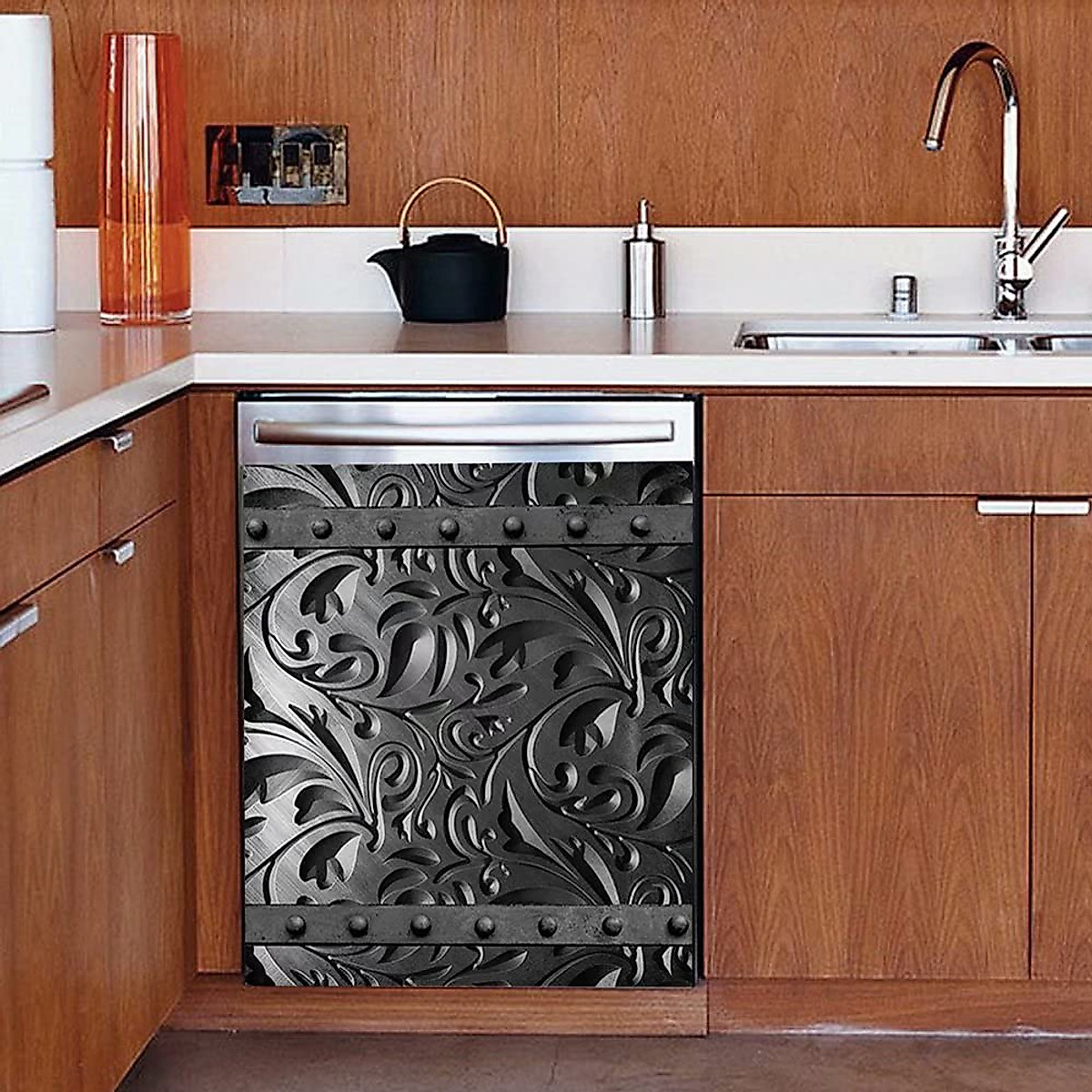 Black Floral Dishwasher Magnet Metal Flower Cover,Engraved Dark Pattern Sticker for Fridge,Refrigerator Magnetic Panel Decals,Home Appliances Cabinet Magnets