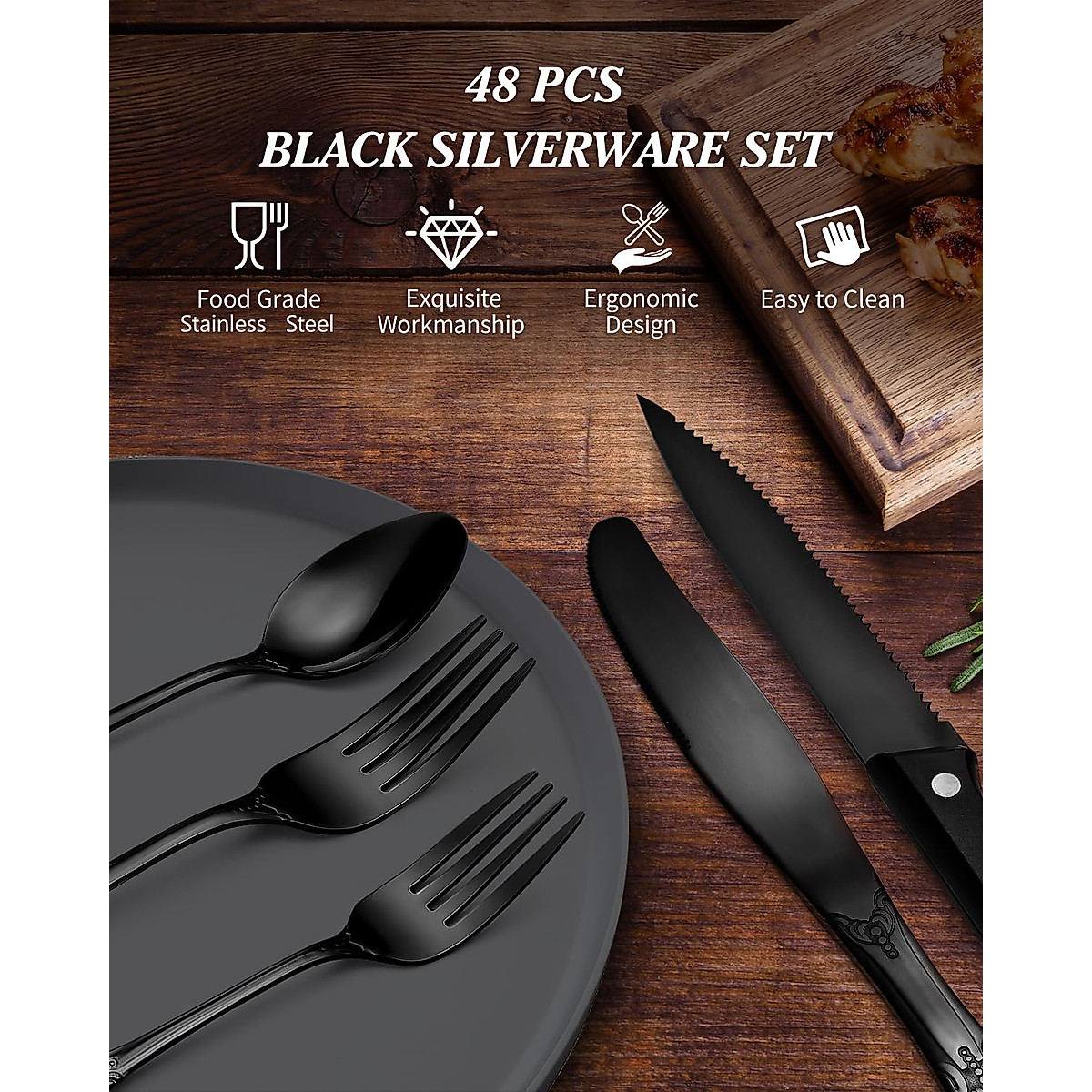 Aswwid 48 Pieces Black Silverware Set for 8, Retro Royal Flatware Set with Steak Knives, Gorgeous Stainless Steel Cutlery Utensil Set Include Forks Spoons and Knives, Mirror Finish,Dishwasher Safe