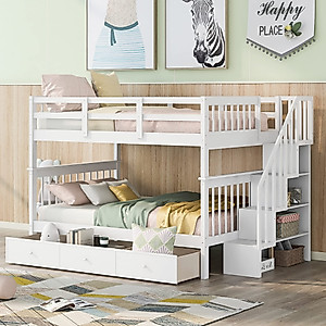 Harper & Bright Designs Full Over Full Bunk Beds with Storage Drawers and Stairs Wood Bunk Bed Frame for Kids Boys Girls Teens, White