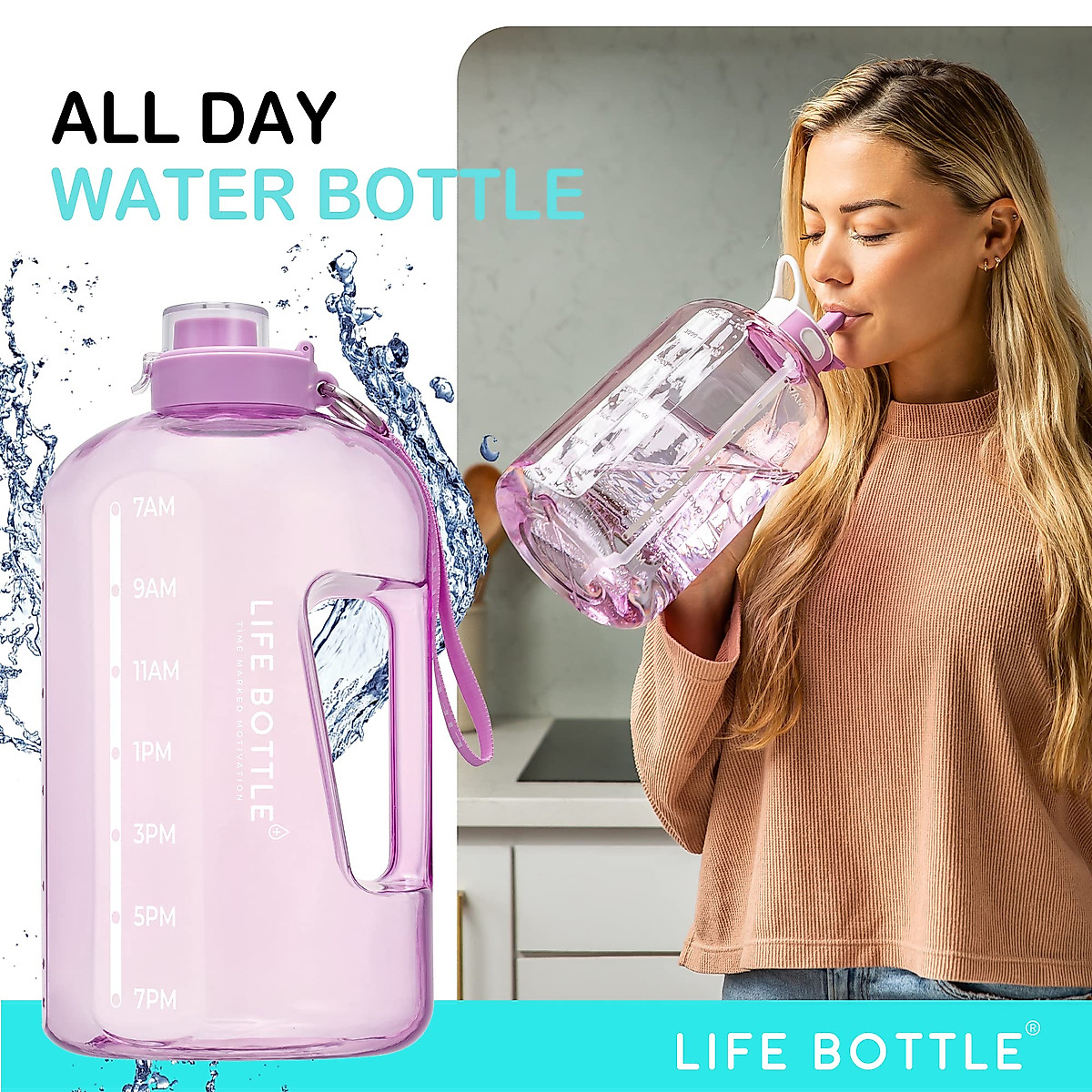Life Bottle 1 Gallon Water Bottle with Straw Lid and Chug Lid, Leakproof Water Jug. Big Water Bottle with Time Marker, No Quotes. 128 oz with Handle and Straw, BPA Free