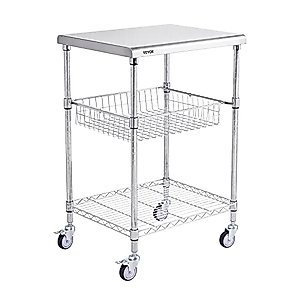 VEVOR Kitchen Utility Cart, 3 Tiers, Wire Rolling Cart with 470LBS Capacity, Steel Service Cart on Wheels, Metal Storage Trolley with 76mm Basket Curved Handle PP Liner 6 Hooks, for Indoor and Outdoor