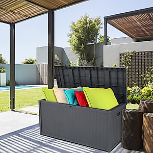 VINGLI Upgraded 113 Gallon Outdoor Storage Box, Lockable Plastic Storage Containers with Lid, Wooden Grain Surface Deck Box Patio Furniture for Garden, Pool, Balcony, Yard (Grey)