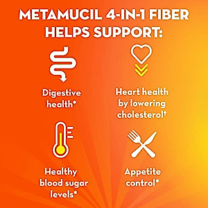 Metamucil On-The-Go, Daily Psyllium Husk Powder Supplement, Sugar-Free Powder, 4-in-1 Fiber for Digestive Health, Orange Flavored Drink, 44 Packets