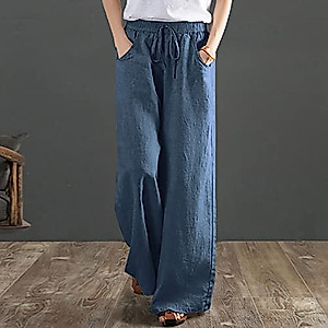 GRBOZC Baggy Pants Women's Casual Elastic Waistband Cotton Linen Palazzo Trousers Lightweight Pull On Long Lounge Pants Blue