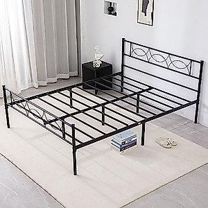 Black Metal Bed Frame Queen Size with Headboard Modern Platform Bed Sturdy and Easy Assembly No Box Spring Needed