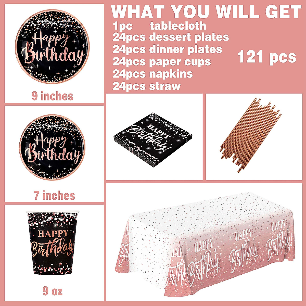 happy birthday decorations plates for women - (Total 121pcs) rose gold plates and napkins party supplies, Cups, Straws, tablecloth, Disposable Tableware for 24 Guests