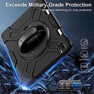 GROLEOA for iPad Pro 12.9 Case 2022/2021/2020 with Pencil Holder Screen Protector, iPad Pro 12.9 inch 6th/5th/4th Generation Cover, Full Body Shockproof Protective Rubber Case W/Stand Strap, Black