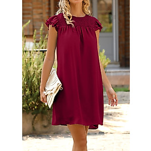 KIRUNDO Wedding Guest Shift Dresses for Women Short Spring Summer Ruffle Cap Sleeve Chiffon Babydoll Flowy Mini Sundress(Jujube Red, Medium)