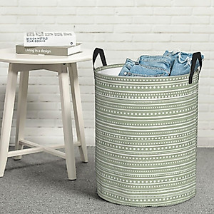 Bamanko Dotted Striped Mudcloth Sage Green Laundry Basket Waterproof Collapsible Round Laundry Hamper Toys Clothes Organizer Gift Basket For Room Medium