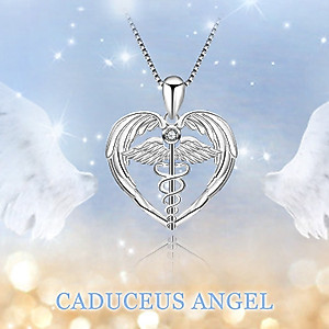 YFN Sterling Silver Caduceus Angel Nursing Themed Pendant Necklace 18" (Nurse Necklace) (Nurse Necklace) (Silver)