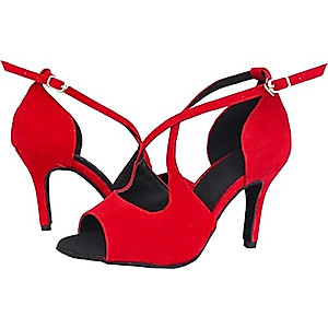 Womens Professional Latin Heels Salsa Body Strap Ballroom Pumps Jazz Heeled Tango Chacha Peep Toe Bachata Shoes7.5CM Heeled SOFE Sole Custom Heel Red US 11