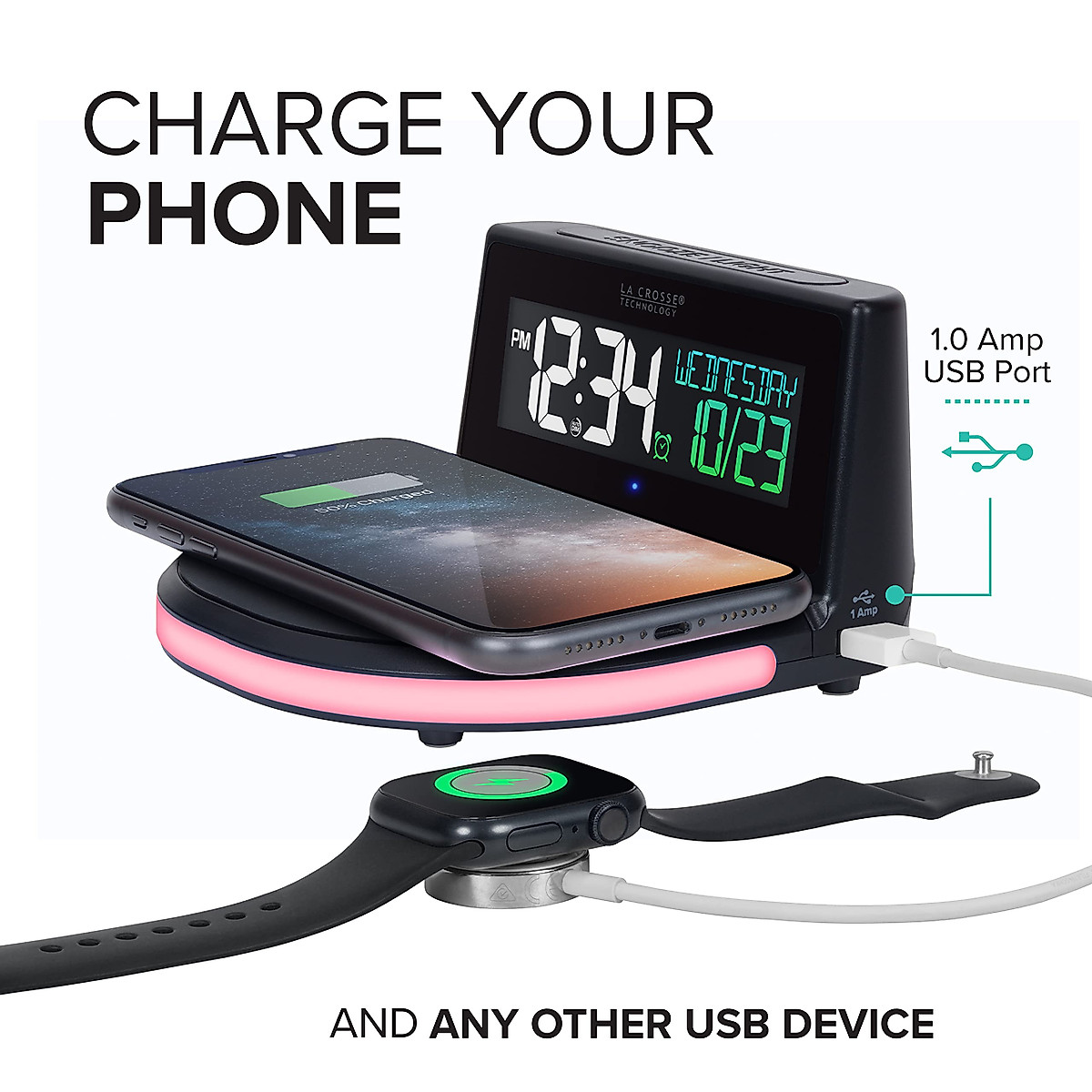 La Crosse Technology 617-148 Wireless Charging Alarm Clock with Glowing Light Base