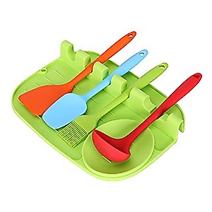 ANNCED Silicone Utensil Spoon Rest 2 in 1 Larger Size for Stove Top with Drip Pad Include 5 Slots 1 Spoon Holder,Hang Hole Design,Kitchen Utensil Holder for Countertop,Spoons, Ladles,Tongs Green