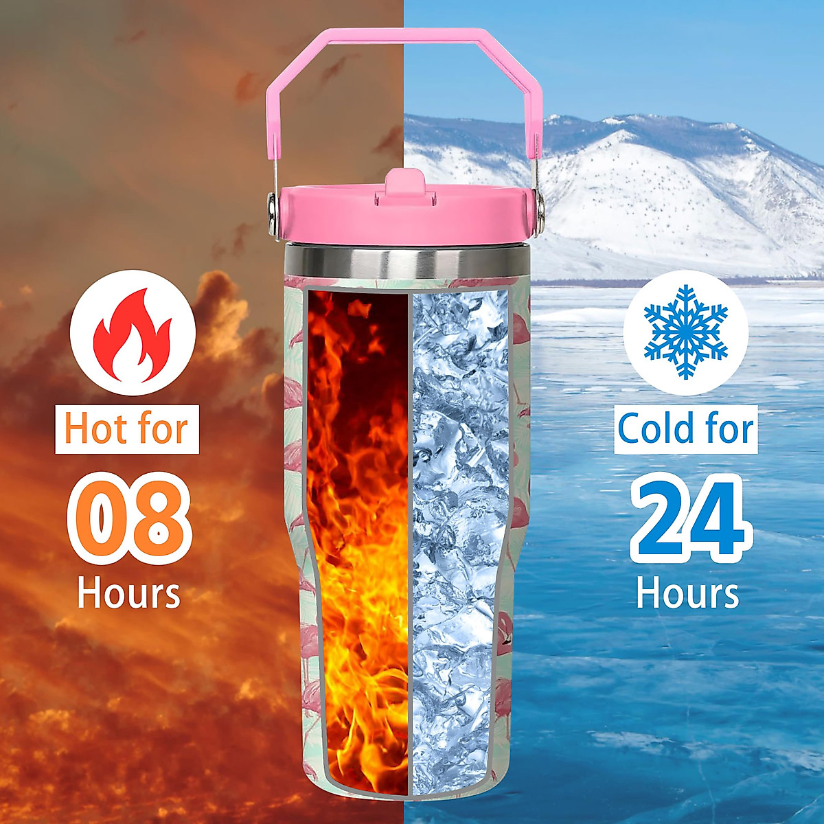 30 oz Flamingo Tumbler with Handle, Large Insulated Tumbler with Flip & Straw Coffee Mug Cup Stainless Steel Gifts for Women Men Youth