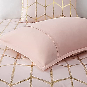 Intelligent Design Raina Comforter Microfiber Metallic Print Geometric Design Embroidered Toss Pillow Modern Trendy Casual All Season Bedding Set Matching Sham, Full/Queen, Blush/Gold 5 Piece