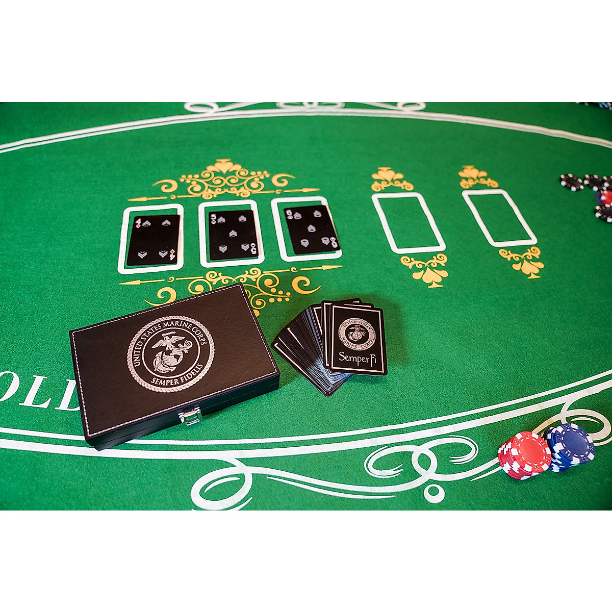 Marine Corps Playing Cards and Dice Set – Black Leather Keepsake Box, Playing Cards with USMC Rank Insignia, EGA Dice