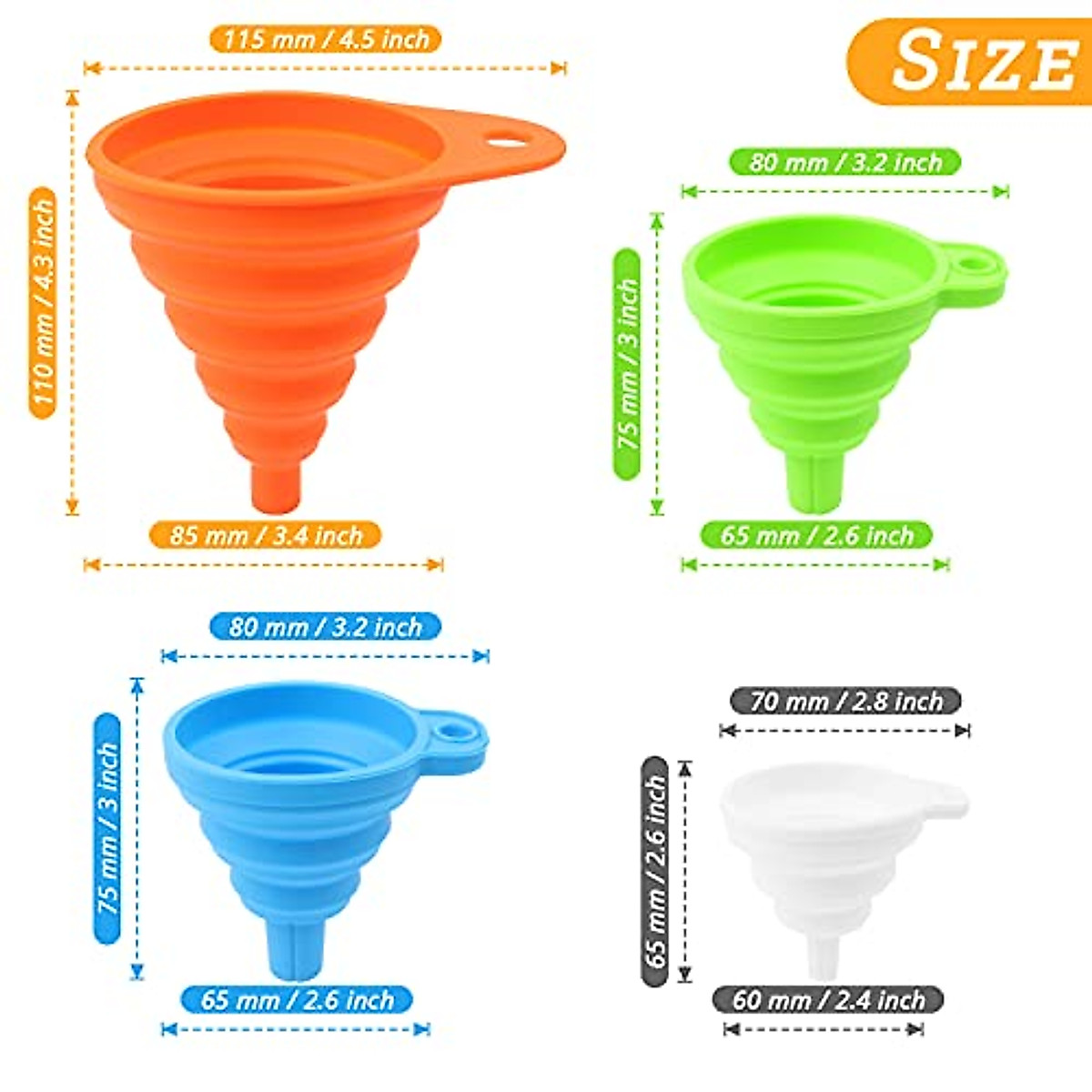 KUFUNG Silicone Collapsible Funnel Set of 4, Small and Large, Kitchen Gadgets Foldable Funnel for Water Bottle Liquid Transfer Food Grade