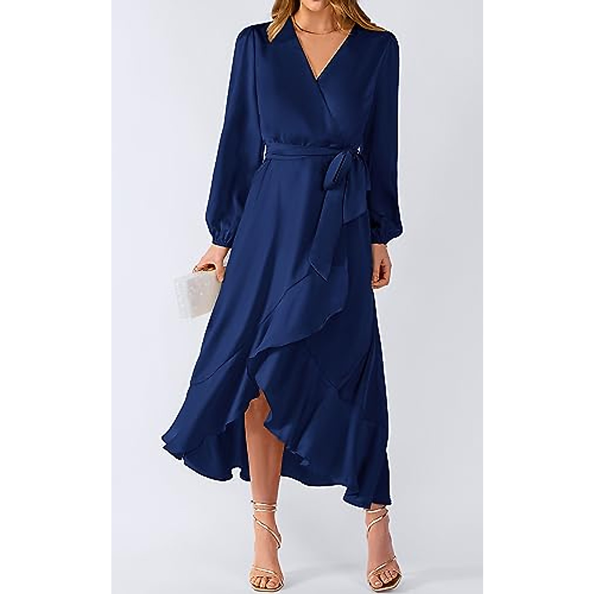 PRETTYGARDEN Women's 2023 Fall Dresses Casual Long Sleeve Wrap V Neck Maxi Dress High Low Wedding Guest Dress Ruffle Hem (Navy,Large)