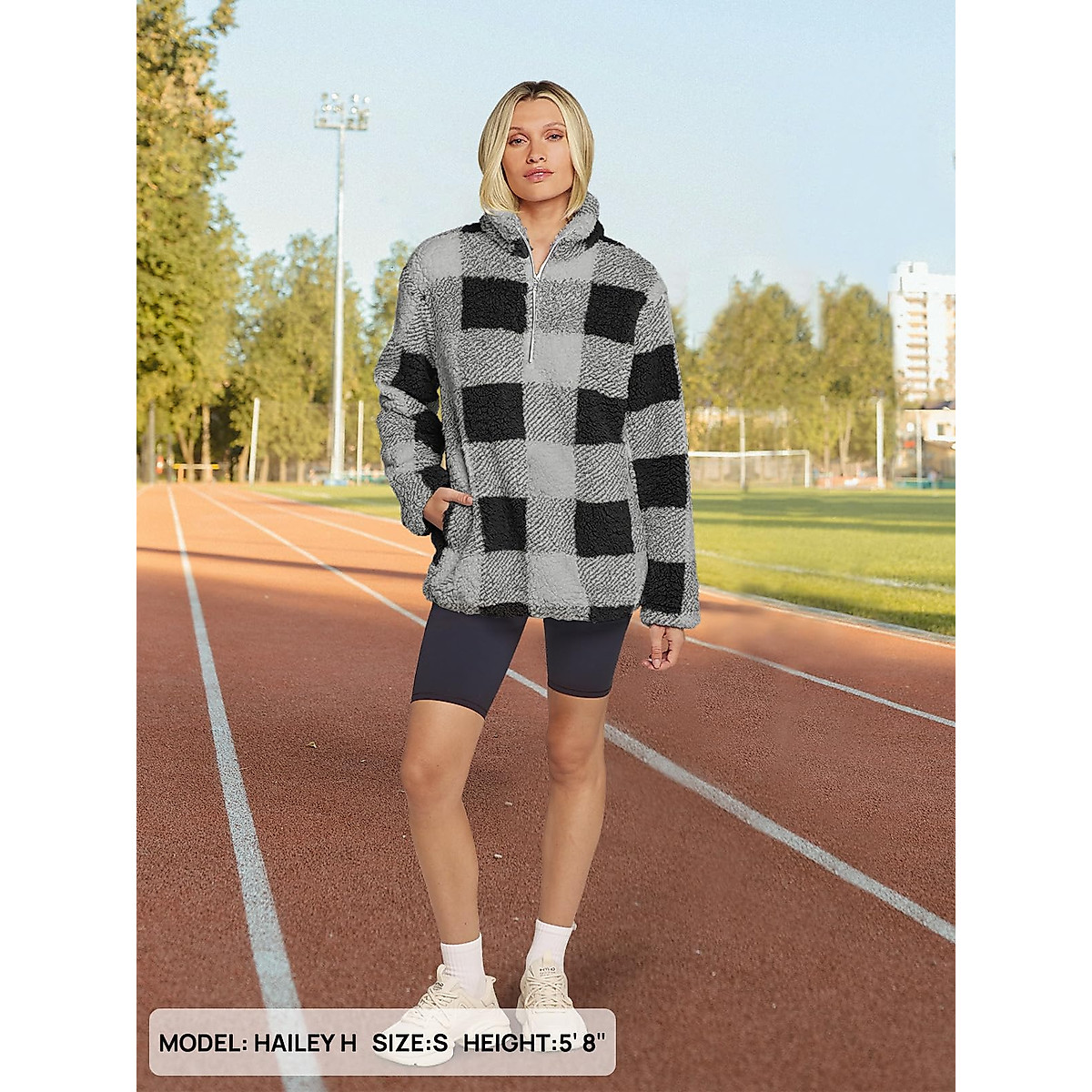 MEROKEETY Women's Plaid Sherpa Fleece Zip Sweatshirt Long Sleeve Pullover Jacket, Black, M