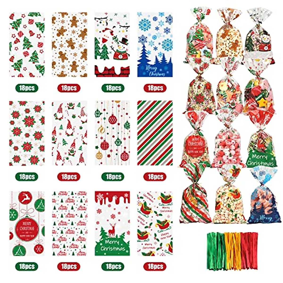 Moretoes 216pcs Christmas Treat Bags Cellophane Bags with 180pcs Twist Ties Snowflake & Gingerbread Man 12 Assorted Styles Goodie Bags for Christmas Party Supplies