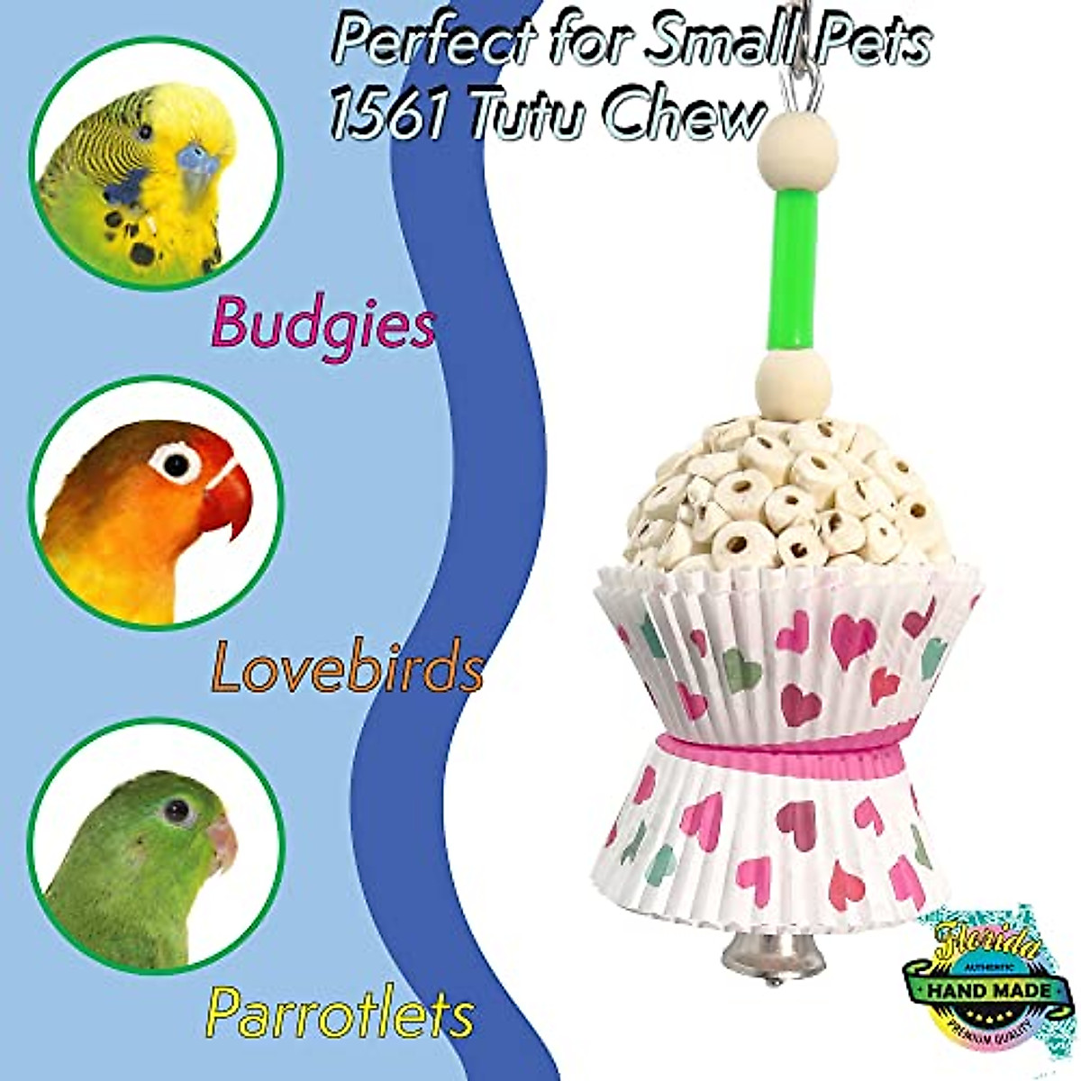 Mandarin Bird Toys by M&M 1562 Tutu Chew Two - Handcrafted Foraging Avairy Toy, All Natural Air Dried Sola Wood Ball, Bakery Grade Cup Cake Cups, Easy to Shred Great for Small Size Pet Birds