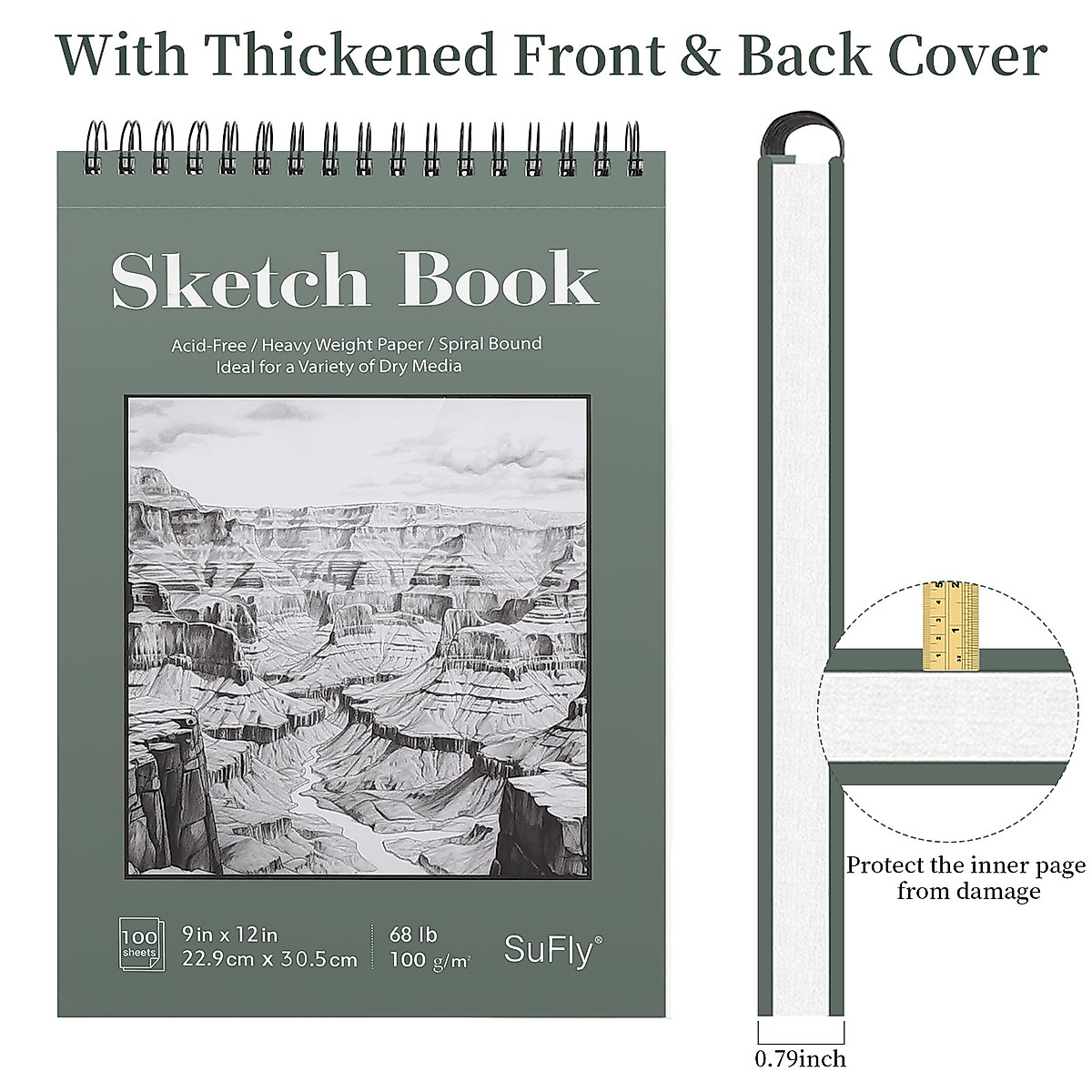 SuFly 9"x12" Drawing Paper,100 Sheets, Top Spiral Sketch Pad, 68lb/100gsm, White.