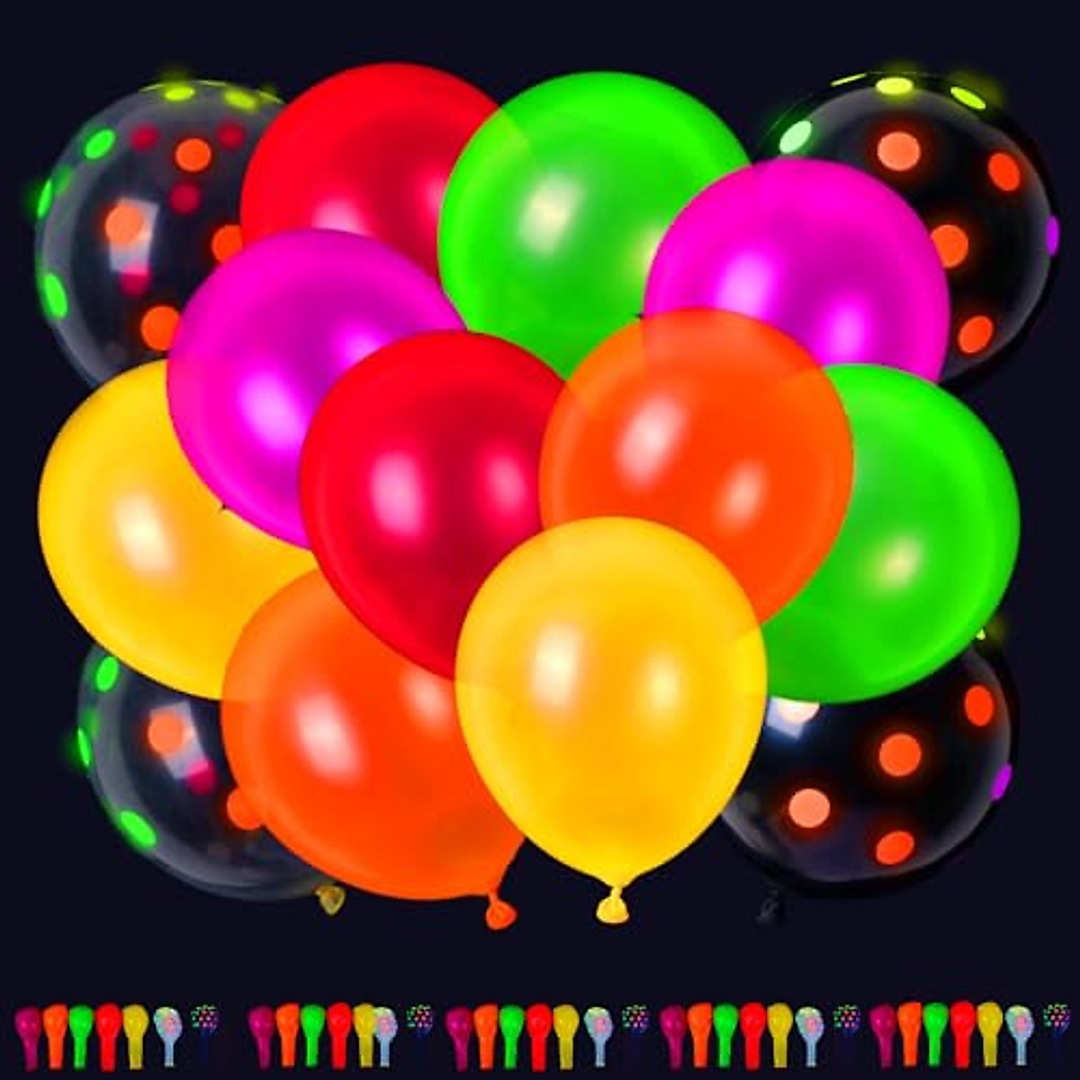 RUBFAC 120 Pieces Neon Balloons, 12” Glow in The Dark Balloons UV Polka Dot Glow Balloons, Blacklight Luminous Helium Latex Balloon for Birthday, Wedding, Neon Party, Glow Party Decorations Supplies