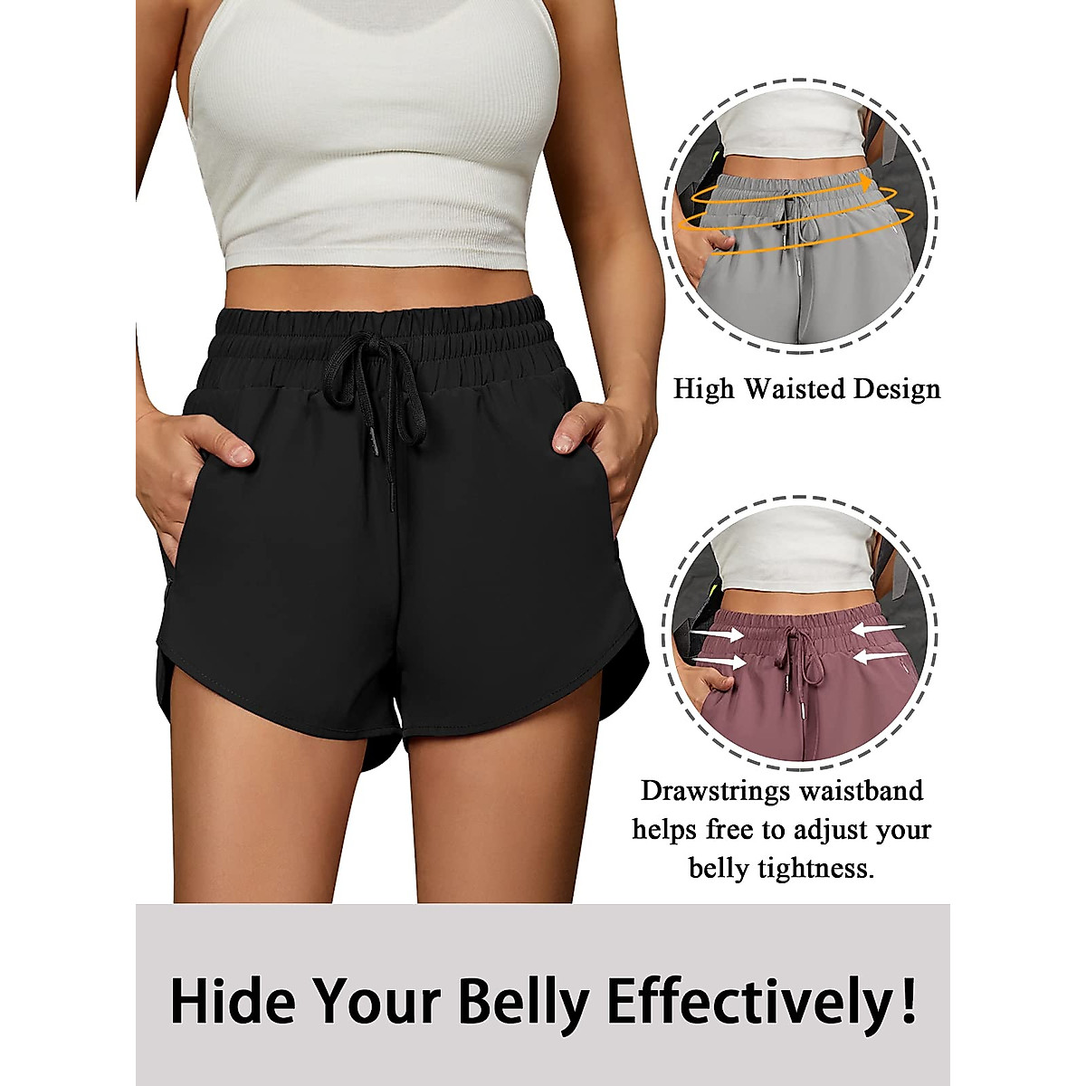 BMJL Women's Running Shorts High Waisted Athletic Shorts Summer Gym Workout Short with Zipper Pockets(M,Black2)