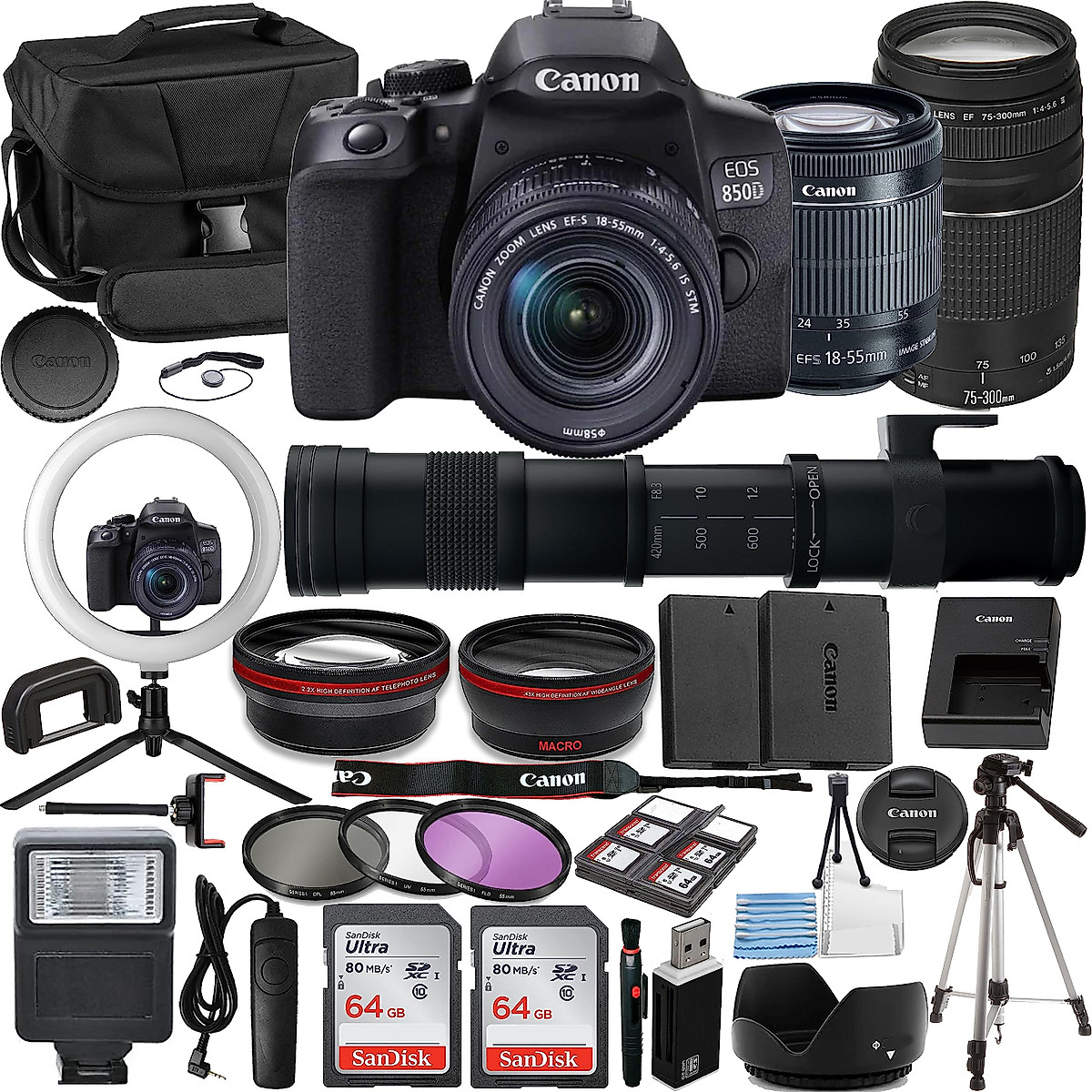 Canon EOS 850D/T8i Vlogger Kit:EF-S 18-55mm,EF 75-300mm & 420-800mm Lenses,64GB Memory Card,Ring Light,Spider Tripod,3 Piece Filter Kit,Gadget Bag,Remote Shutter,USB Card Reader & Cleaning Kit
