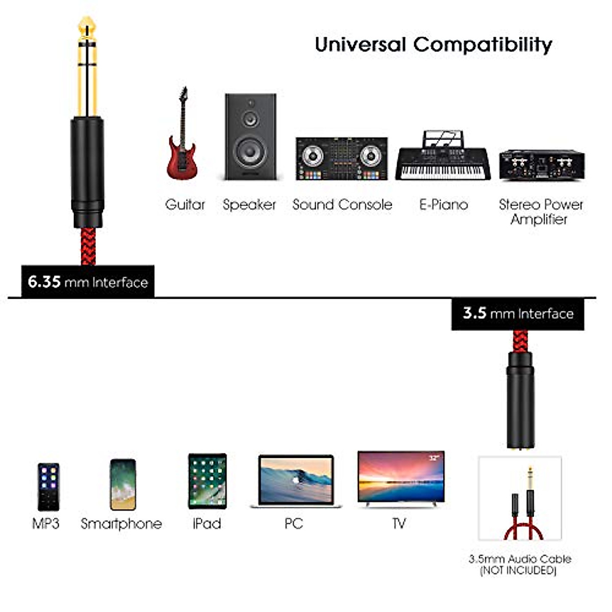 6.35 Male to Female 3.5 Headphones Adapter 20Ft,TRS 1/4 to 3.5mm Stereo Cord 6.35mm 1/4 Male to 3.5mm 1/8 Female for Amplifiers, Guitar Amp, Piano, Home Theater Devices, or Mixing Console(20Ft/6M)