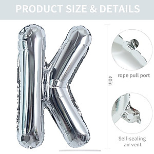 TONIFUL 40 Inch Large Silver Letter K Balloons Helium Balloons,Foil Mylar Big Letter Balloons for Birthday Party Anniversary Supplies Decorations