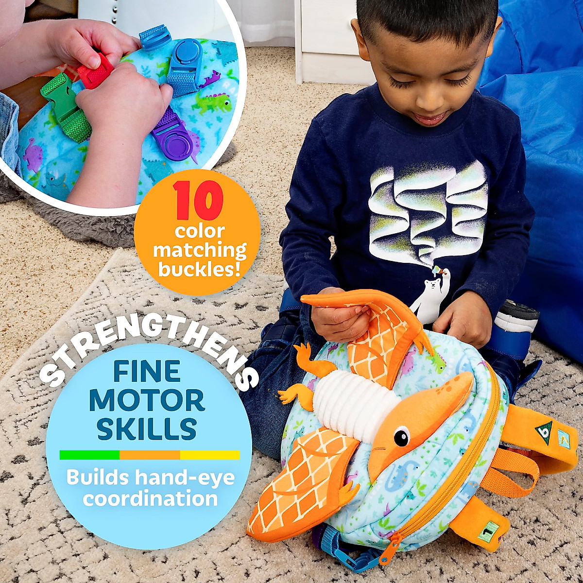 Buckle Toys - Breezy Pterodactyl Dinosaur Backpack - Educational Pre-K Learning Activity Toy - Develop Fine Motor Skills - Great Gift for Toddlers and Kids